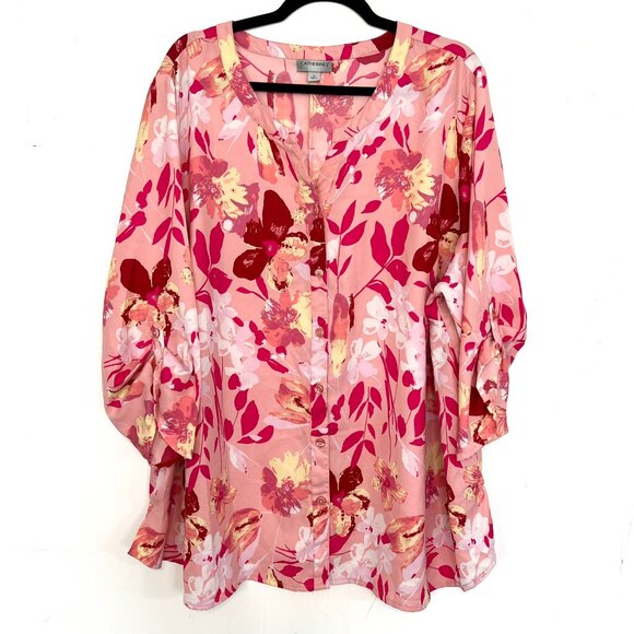 Catherines | Tops | Catherines Button Down Shirt Pink Floral Roll Tab ...